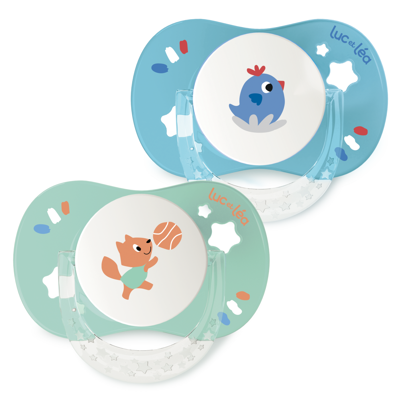 Duo de sucettes physiologiques - Ecureuil et Coq - Luc et Léa