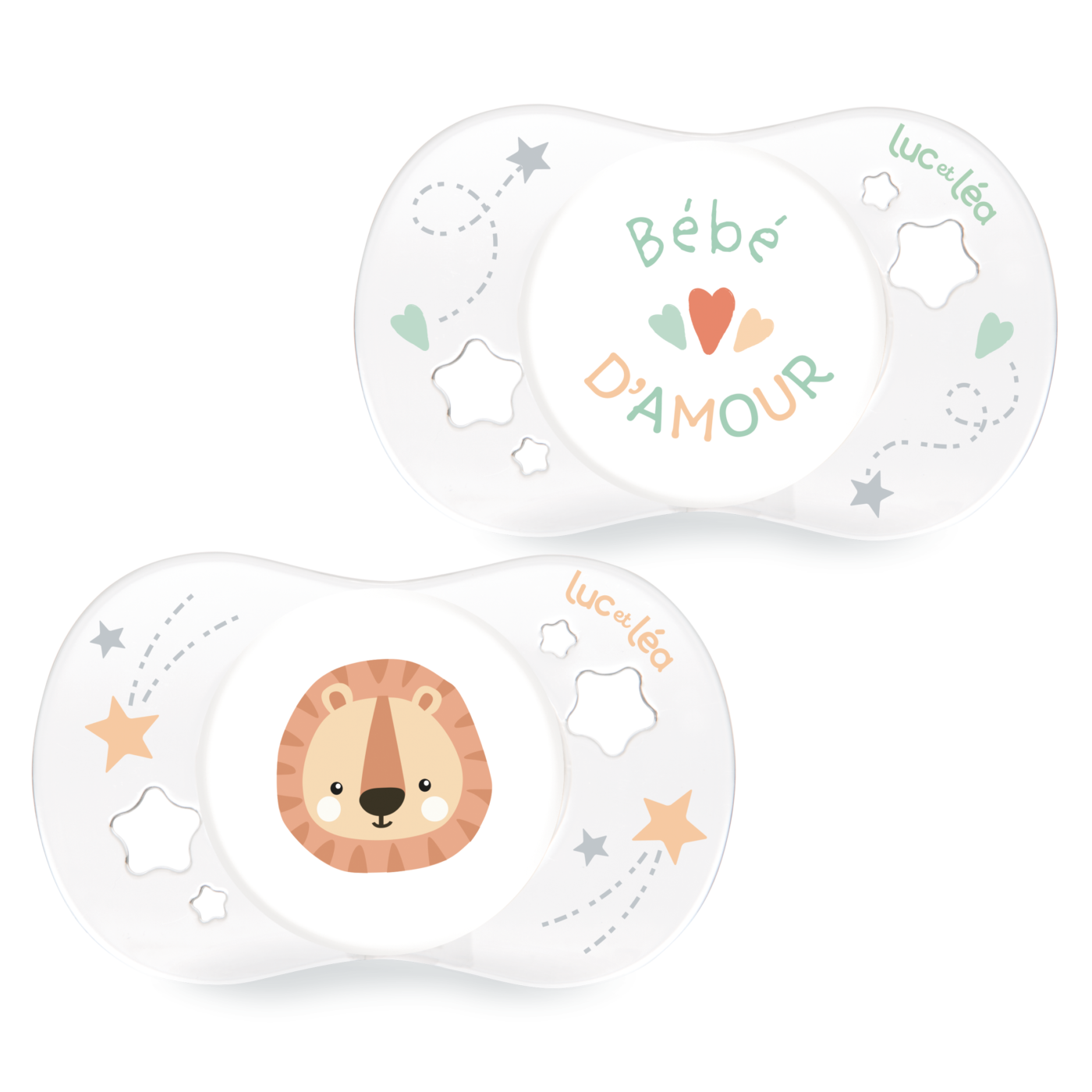 Duo de sucettes anatomiques - Bébé d'amour et Petit lion - Luc et Léa