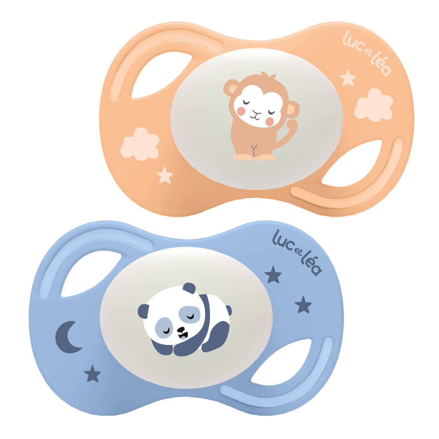 Duo de sucettes nuit anatomiques extra-fines - Panda et Singe - Luc et Léa